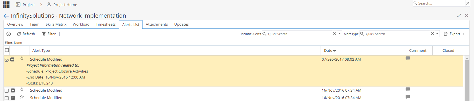 Project - Home - Alerts List – Hydra Support