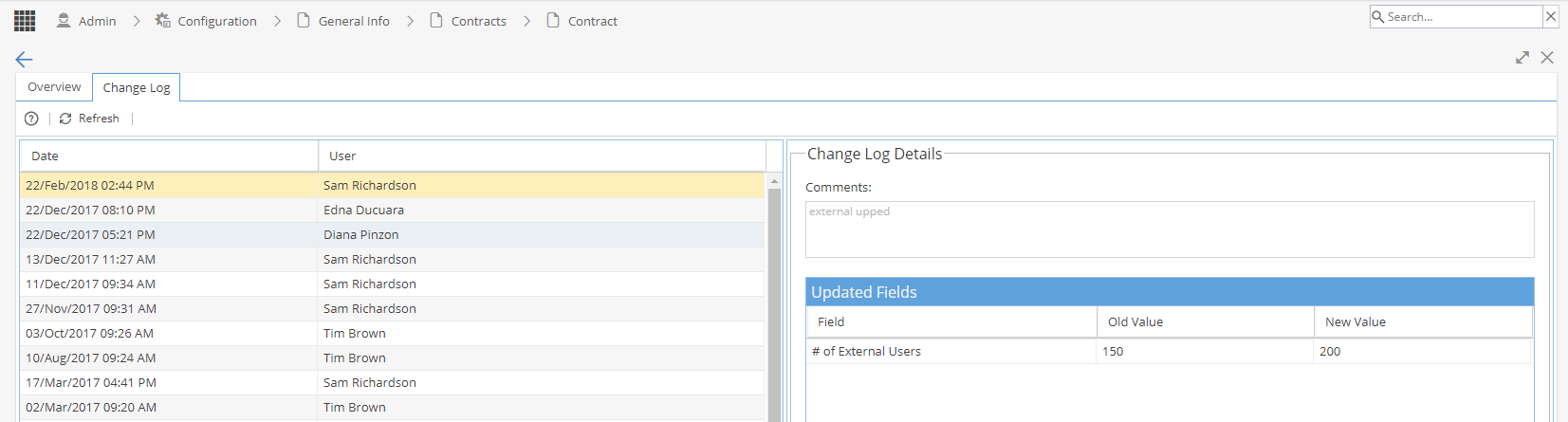 Admin - Configuration - Contracts - Change Log – Hydra Support