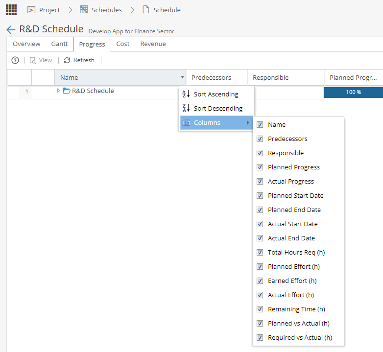 Project - Schedules - Schedule Detail - Progress Detail – Hydra Support