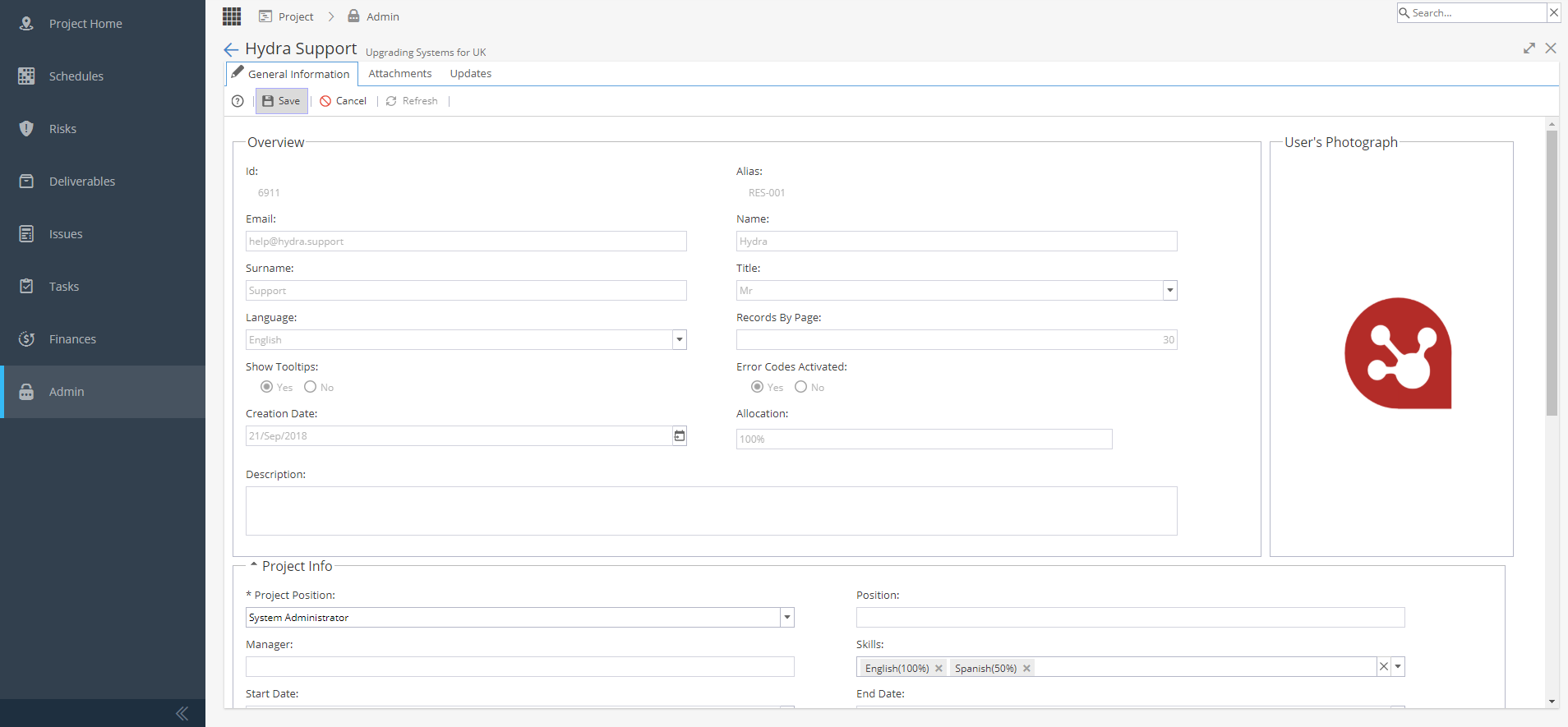 Project - Admin - Project Users - General Information – Hydra Support