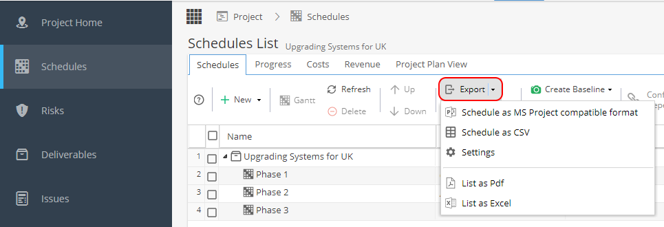 How to export the Project Plan / Schedule – Hydra Support