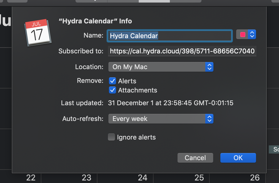 Sync Hydra Calendar (iCal) with Outlook / Google / Apple – Hydra Support