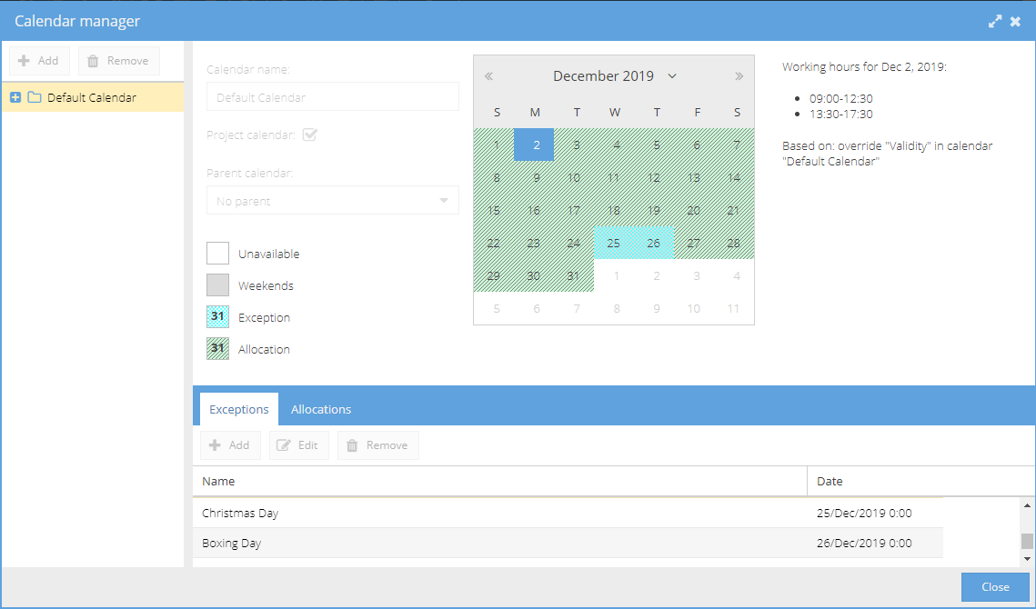 Project - Gantt - View Working Time / Calendar Manager – Hydra Support