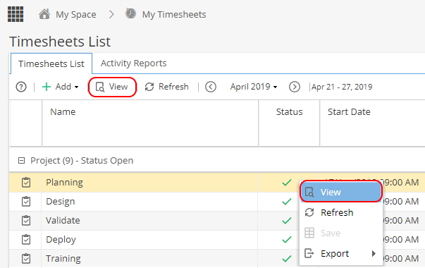 My Space - My Timesheets - Timesheets List – Hydra Support